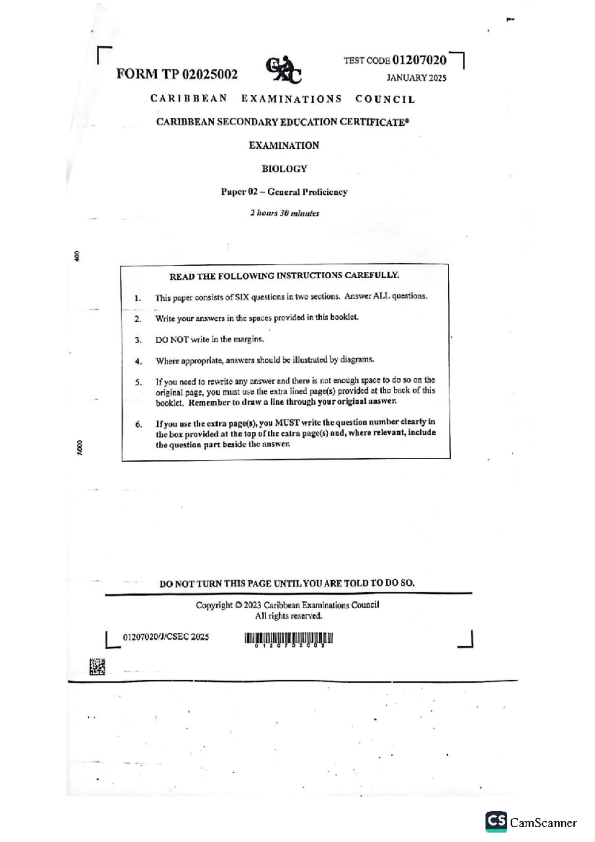 CSEC BIOLOGY 400 TEST (01207020) JAN 2025 PAST PAPER QUESTIONS - Studocu