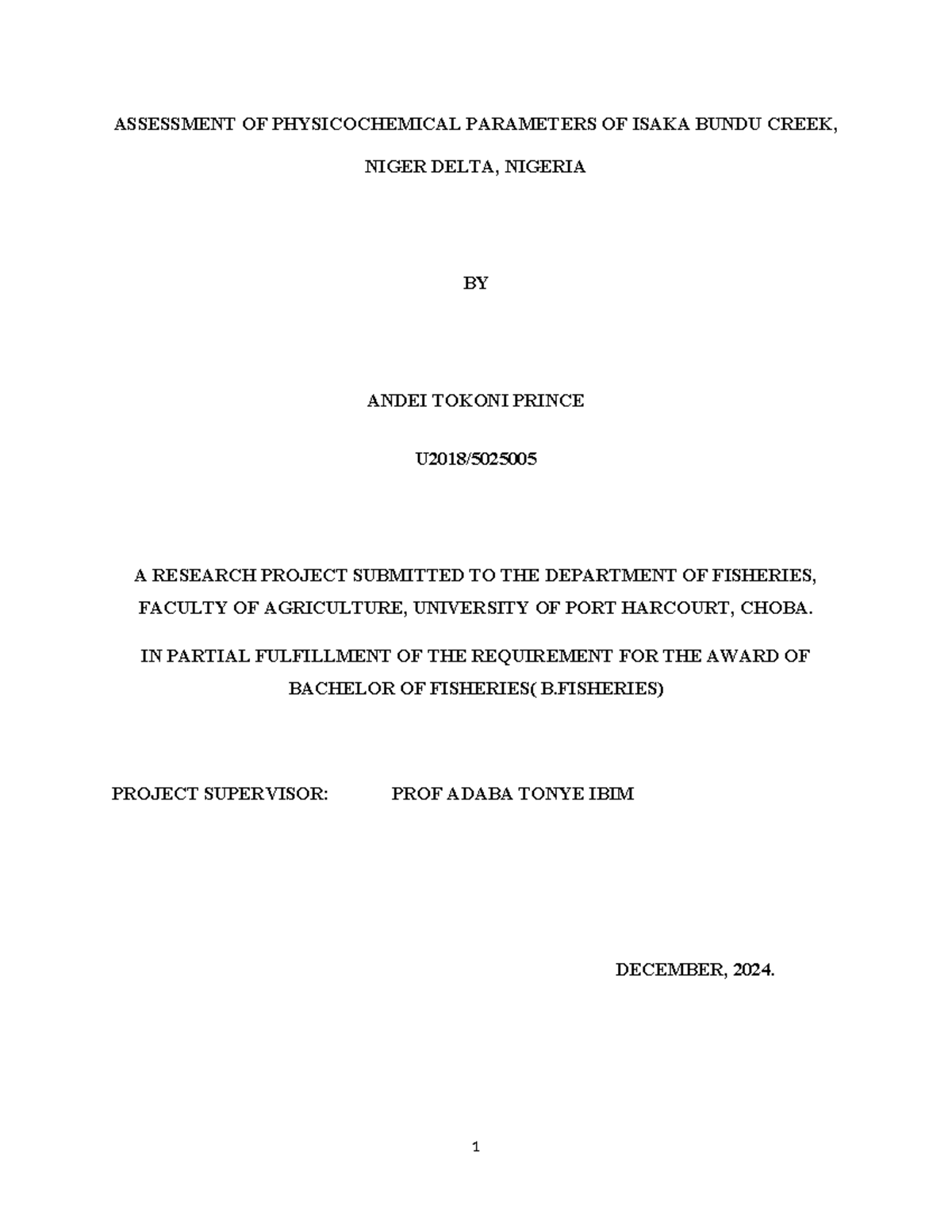 Assessment of Physicochemical Parameters in Isaka Bundu Creek (FISH 401 ...
