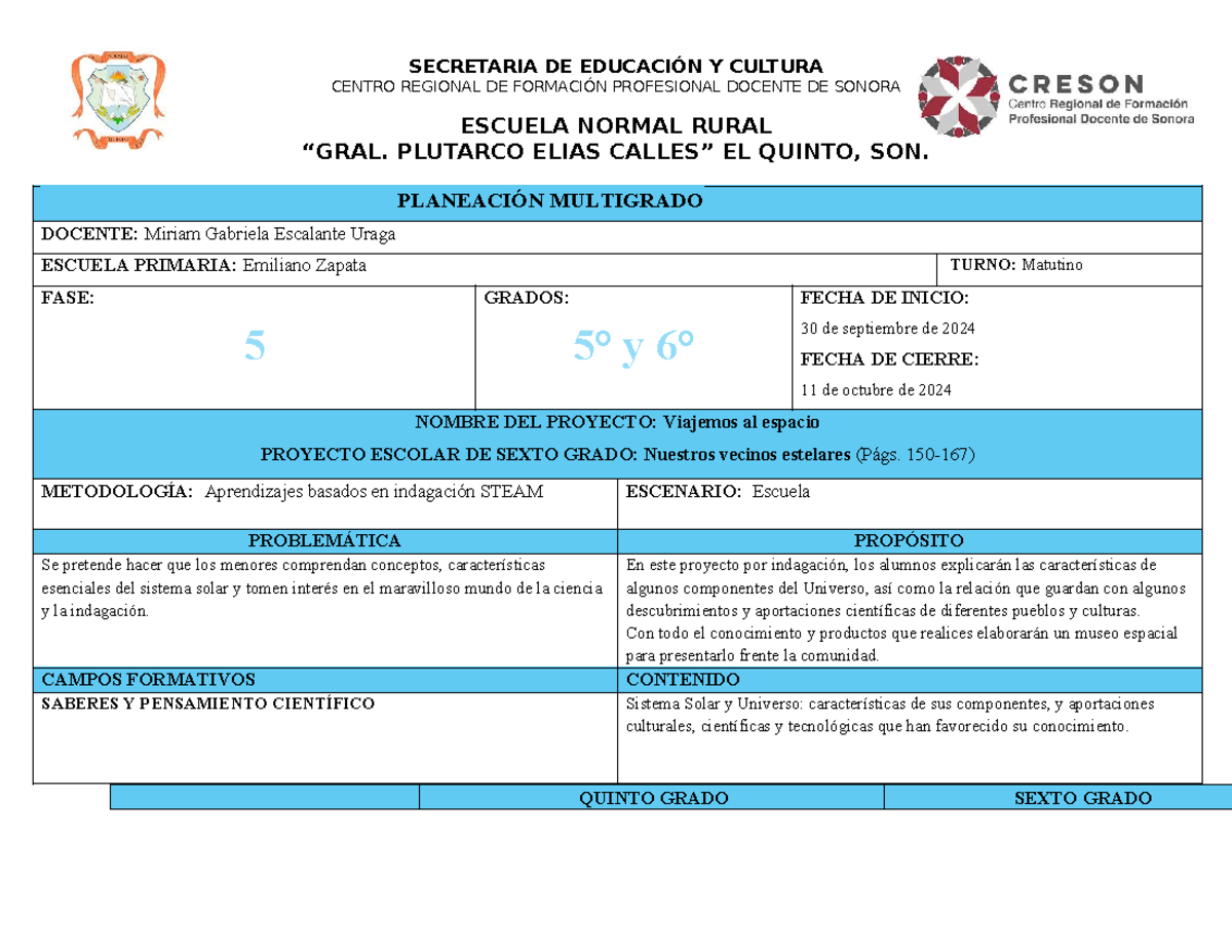 Planeación Multigrado 5 y 6: Proyecto "Viajemos al espacio" - Studocu