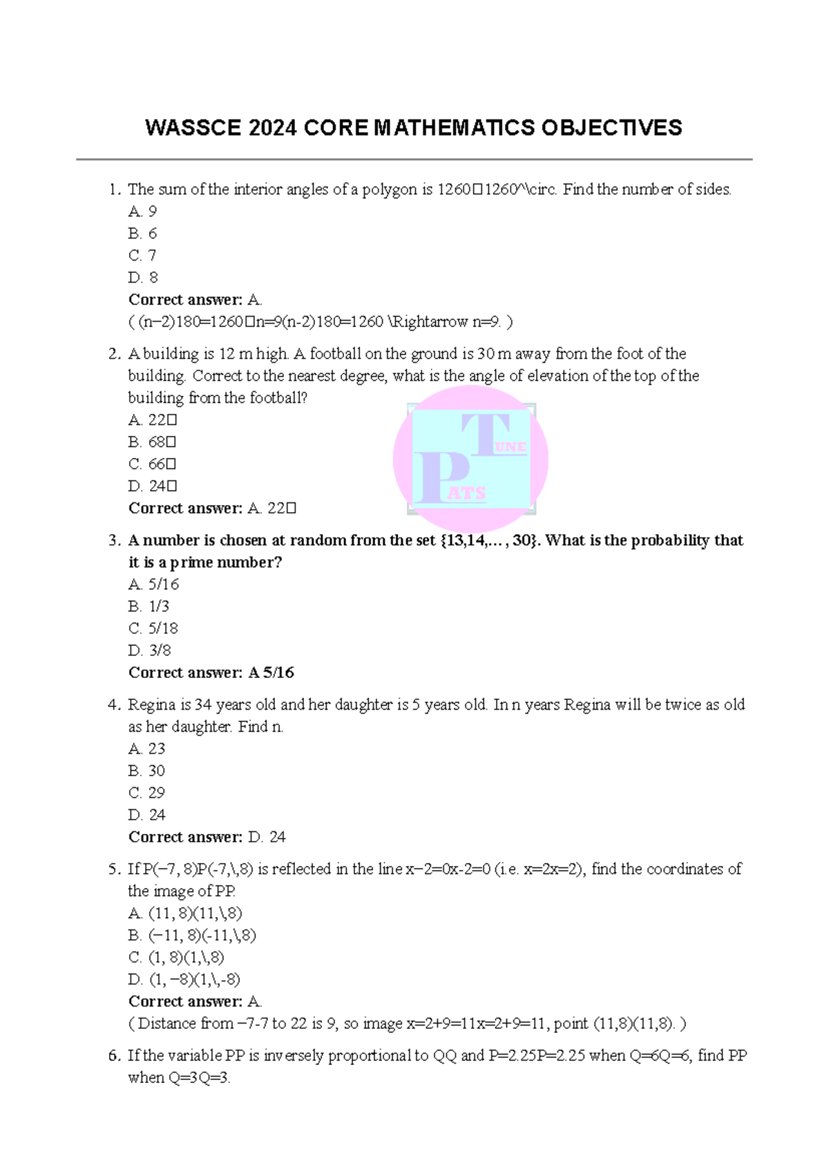 WASSCE 2024 CORE MATHEMATICS PAST QUESTIONS & ANSWERS - Studocu