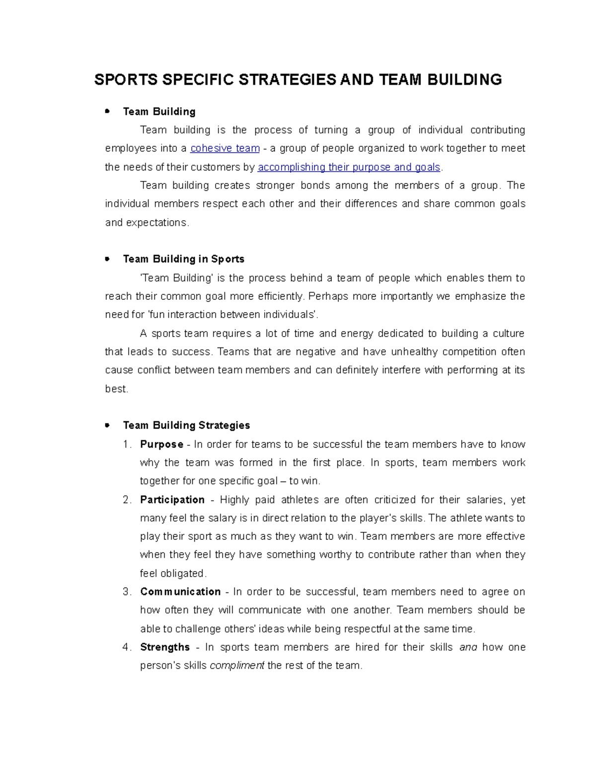 Sports Specific Strategies AND TEAM Building - SPORTS SPECIFIC ...