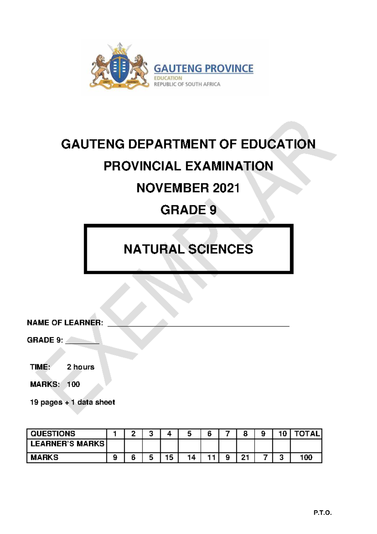 Grade 9 Natural Sciences Provincial Exam Nov 2021 Question Paper - Studocu