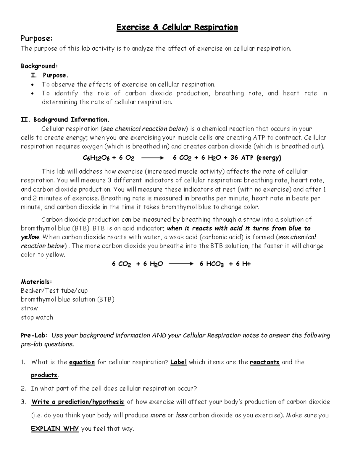 Exercise and Cellular Respiration Lab (BIO 101) - Studocu