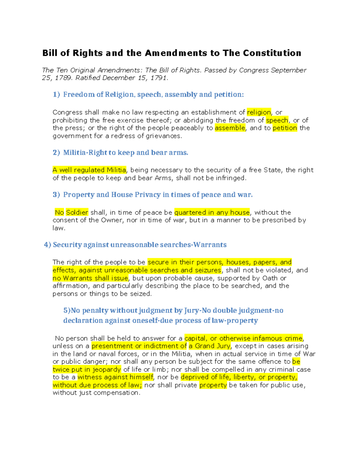 Bill of Rights & Constitutional Amendments Overview - Studocu