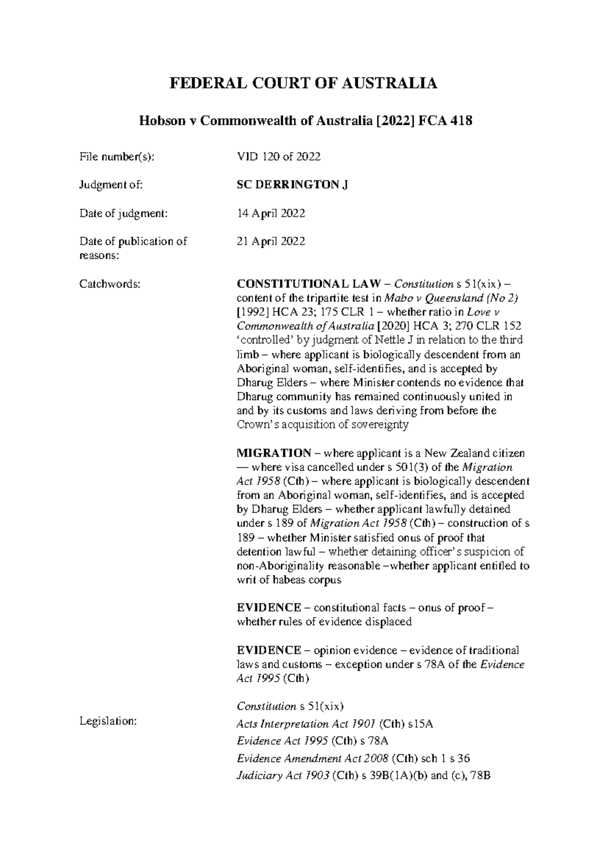 Hobson v Commonwealth of Australia FCA 418: Judgment Analysis and ...