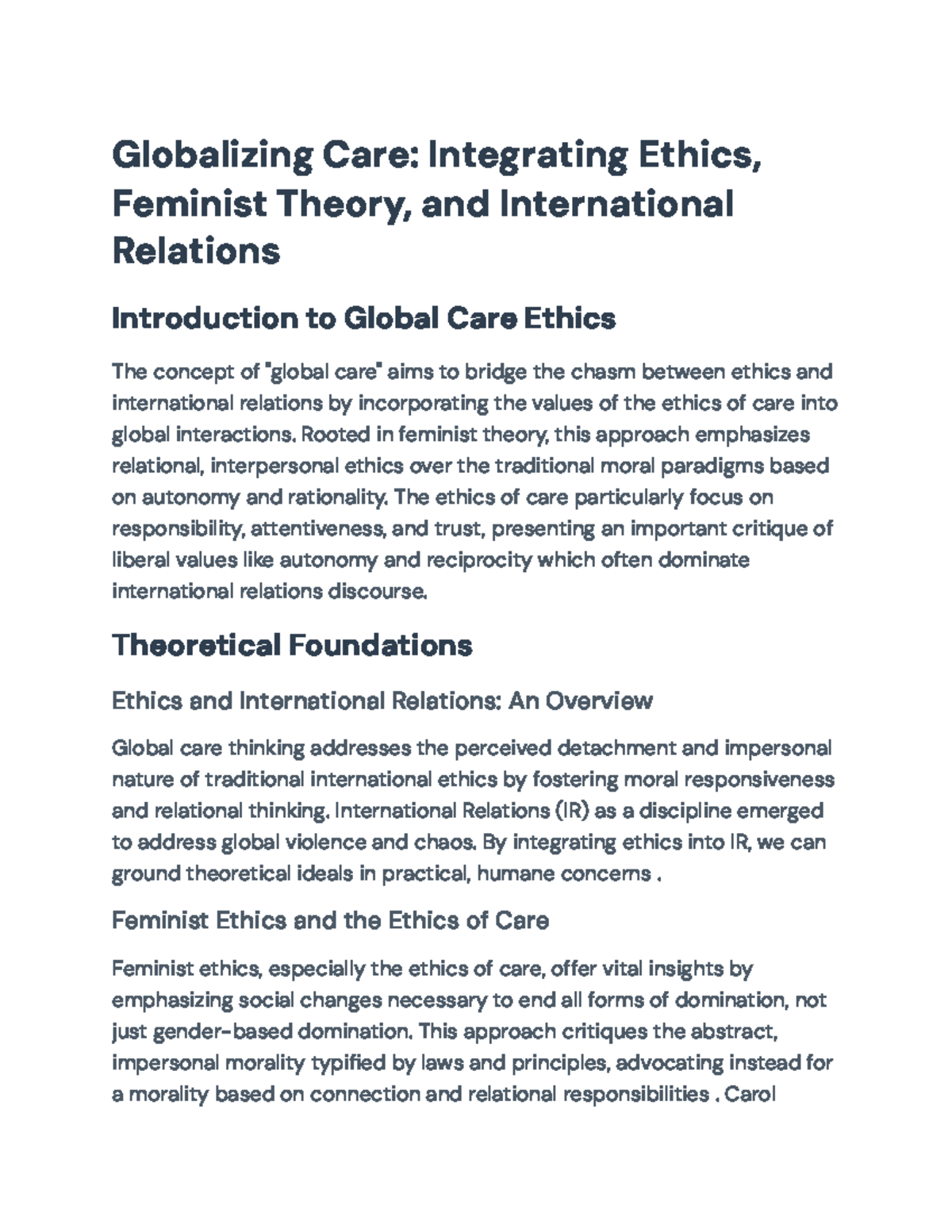 Global Care Ethics: Integrating Feminist Theory & IR Approaches - Studocu