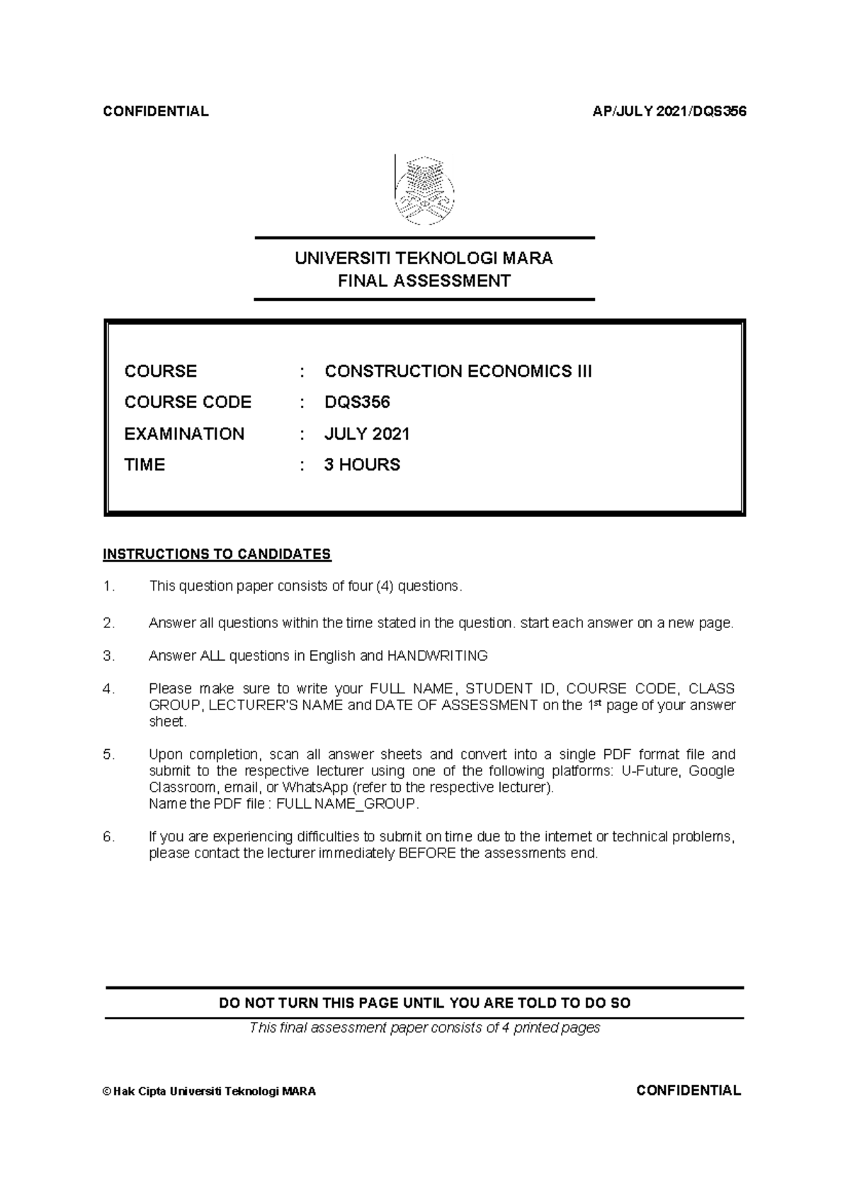 DQS356 Final Examination Paper - Construction Economics III (July 2021 ...