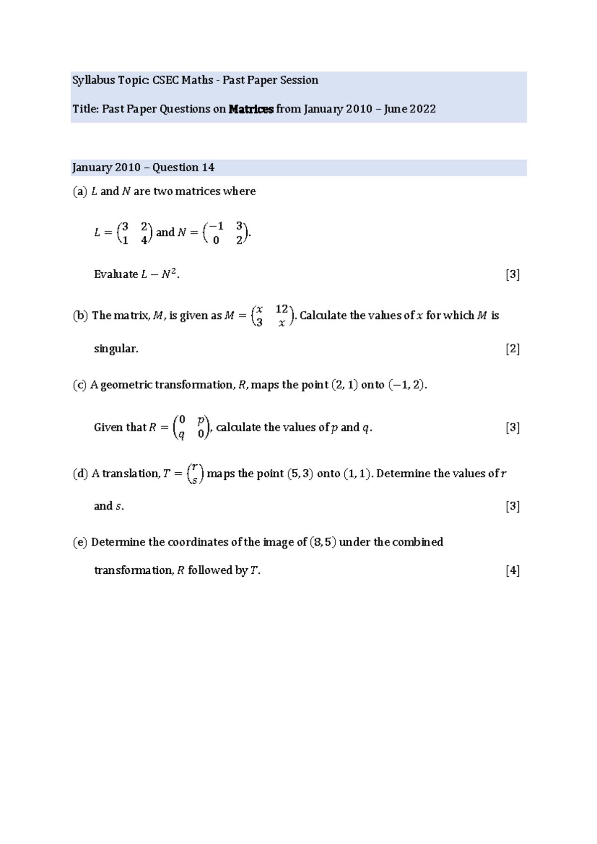 CSEC Maths - Past Paper Questions on Matrices (2010-2019) - Studocu