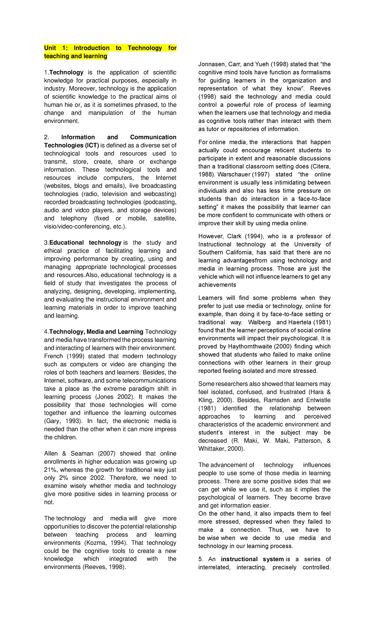 Educ 204: Unit 1 Review - Technology in Teaching and Learning - Studocu