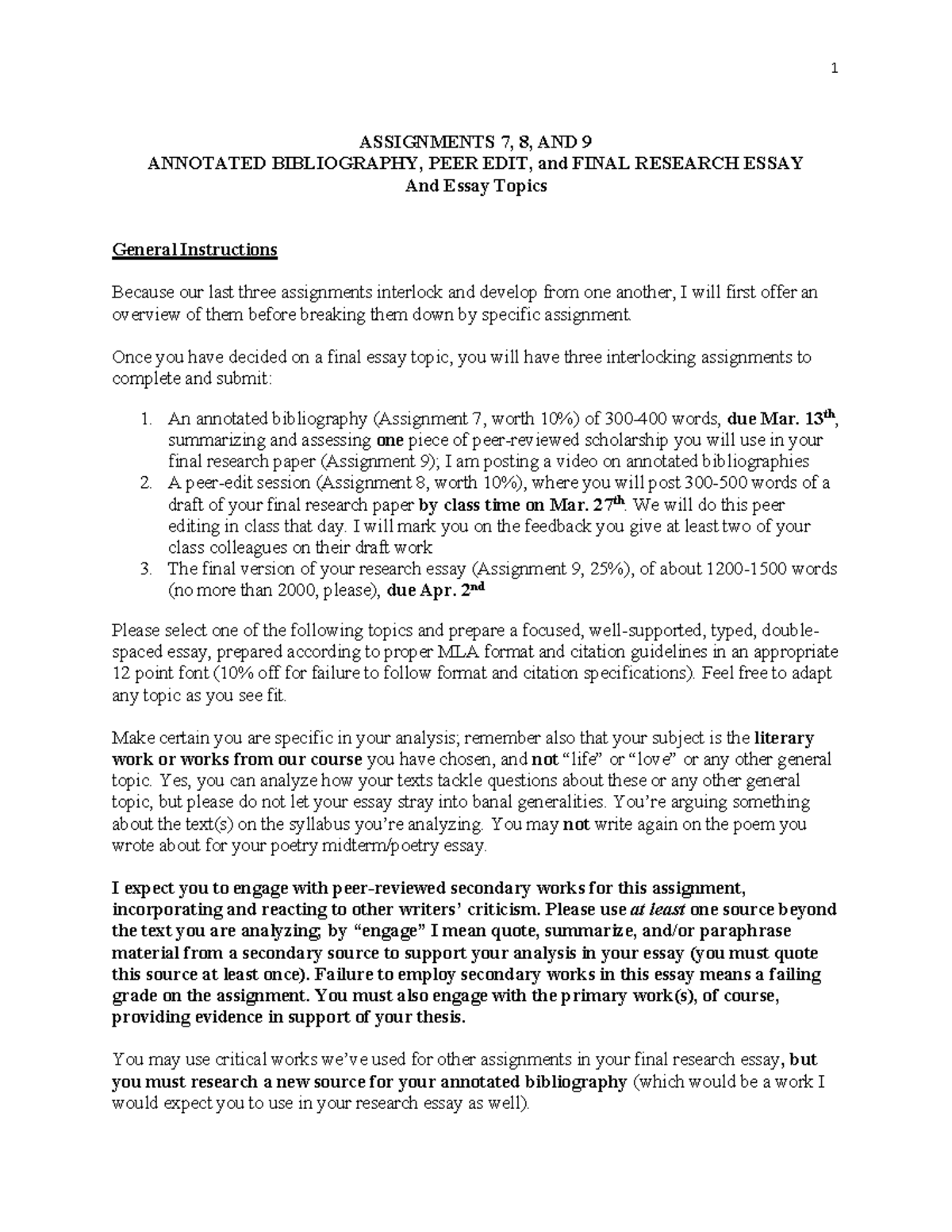 ENG 101: Overview of Assignments 7, 8, 9 & Essay Topics Guide - Studocu
