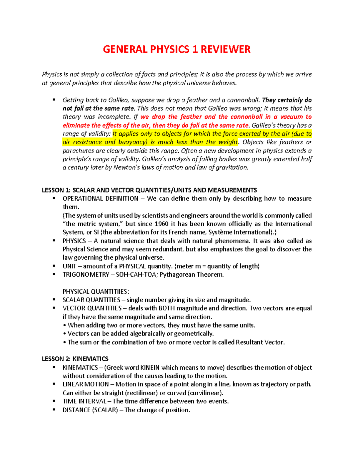 General Physics 1 Final Exam Reviewer: Key Concepts and Terms - Studocu