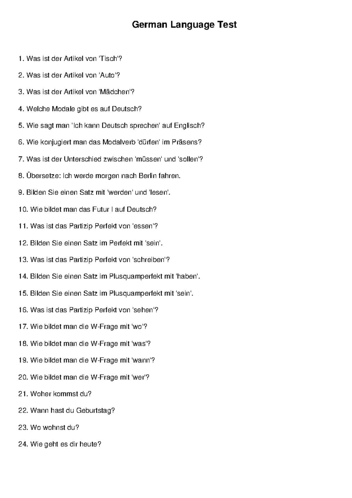 German Language Test 1: Key Questions and Answers - Studocu