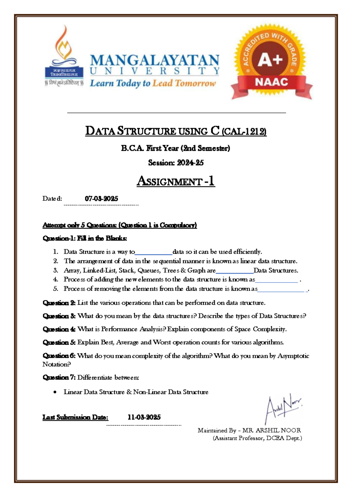 DATA STRUCTURE USING C B.C.A. 1st Year 2nd Sem Assignment Notes - Studocu