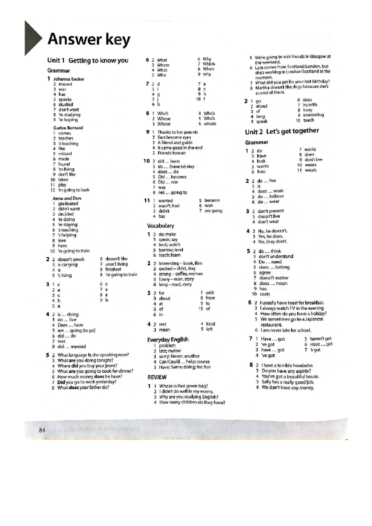 Answer Key for Unit 1: Getting to Know You - English Language Study ...