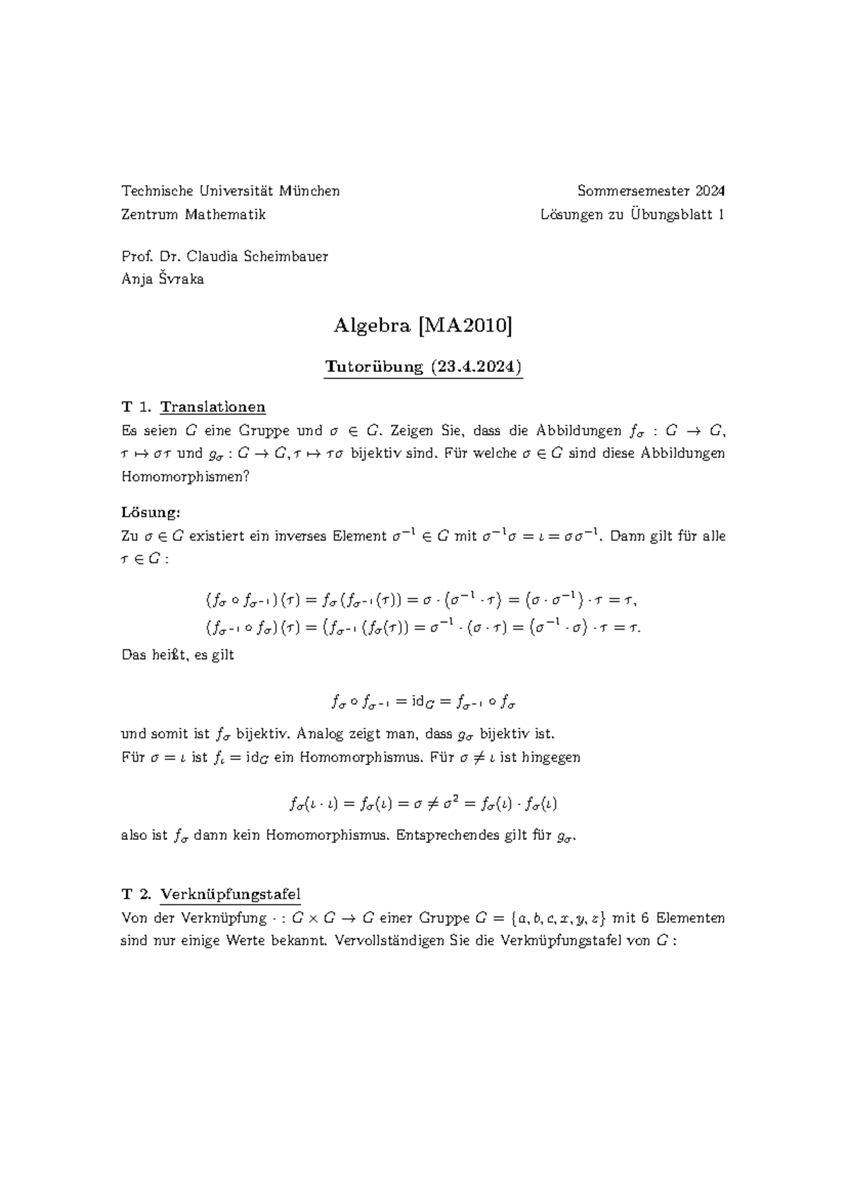 Übungen und Lösungen zu Blatt 01 - Mathematik TUM SS 2024 - Studocu