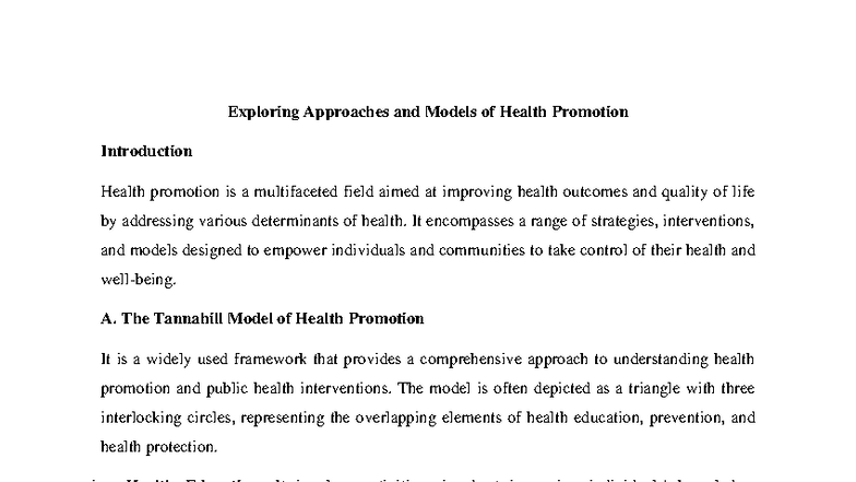 Health Promotion Models: Tannahill & Ottawa Charter Insights - Studocu