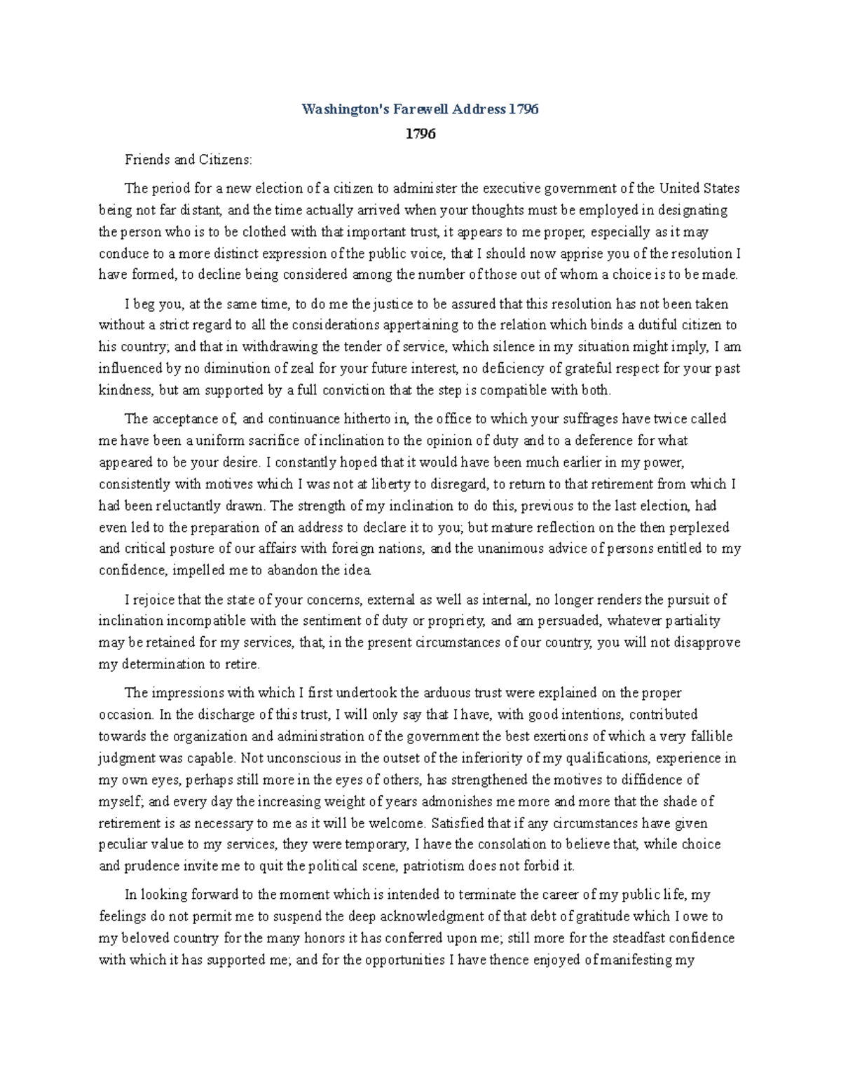 George Washington's Farewell Address: A Call for Unity and Caution ...