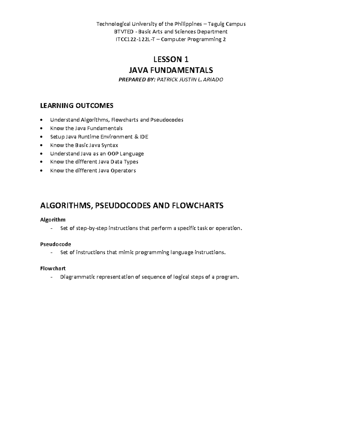 CP2 - Lesson 1 Java Fundamentals - BTVTED - Basic Arts and Sciences ...
