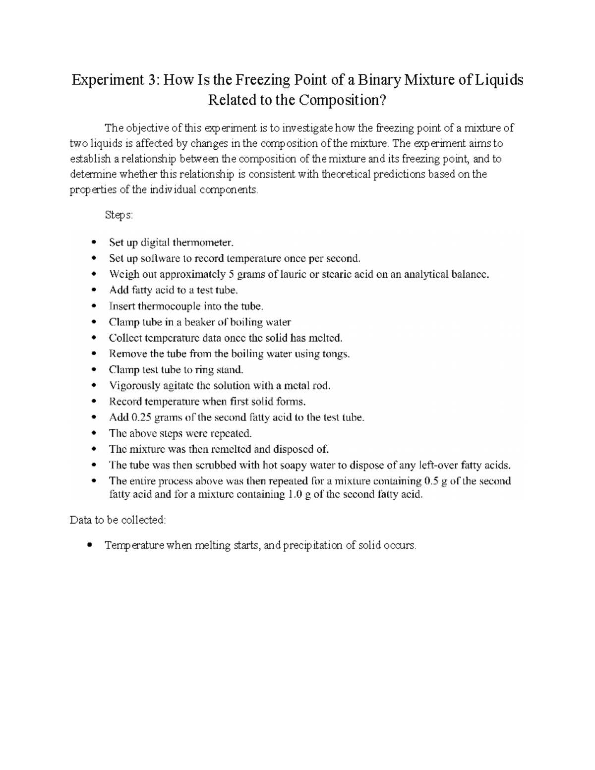 Chem 101: Pre Lab on Freezing Points in Binary Liquid Mixtures - Studocu