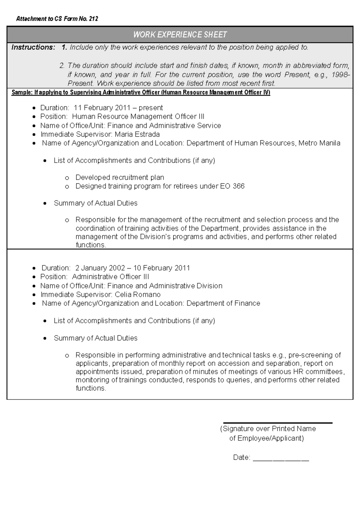CS Form No. 212 Attachment: Work Experience Sheet Guidelines - Studocu