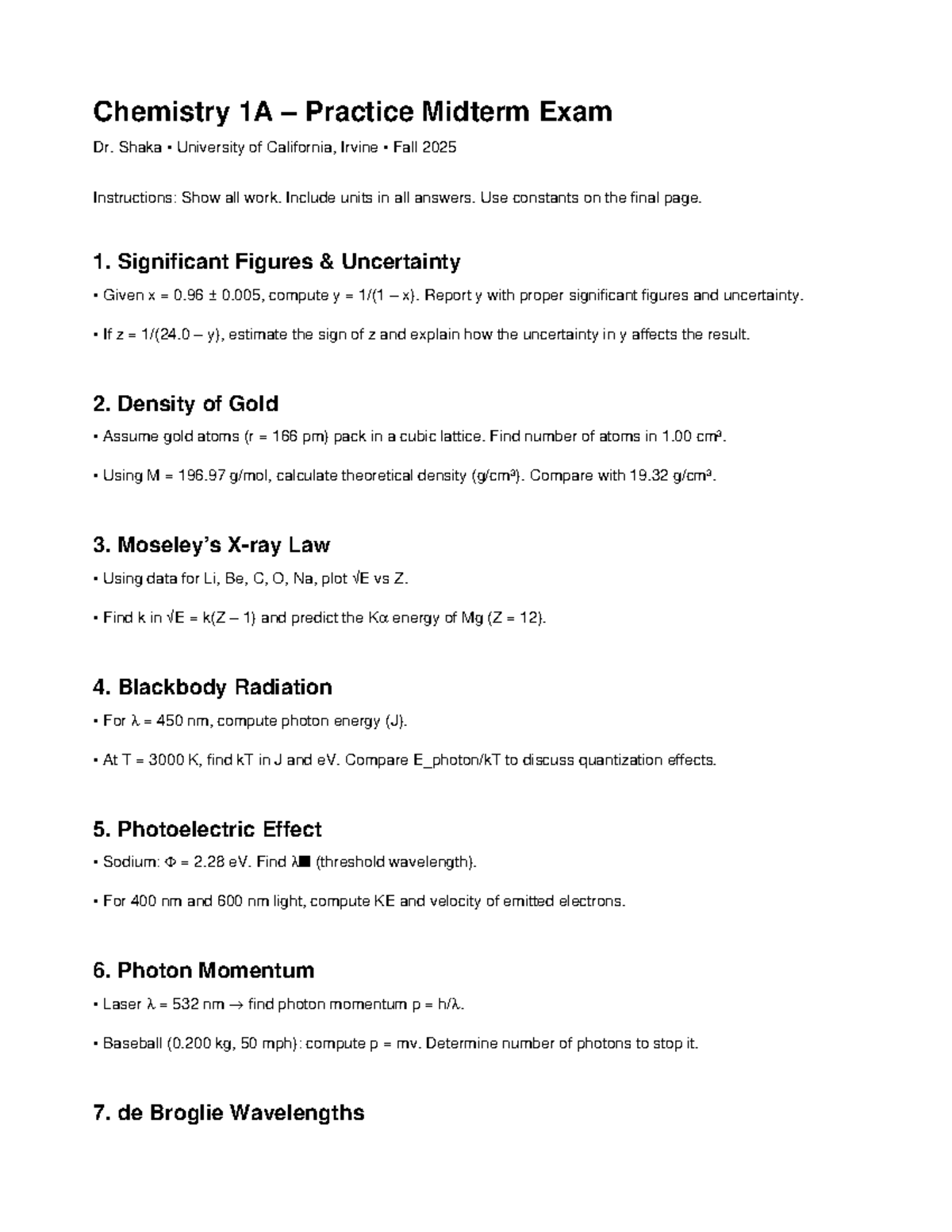 Chemistry 1A Practice Midterm Exam - Fall 2025 - Studocu
