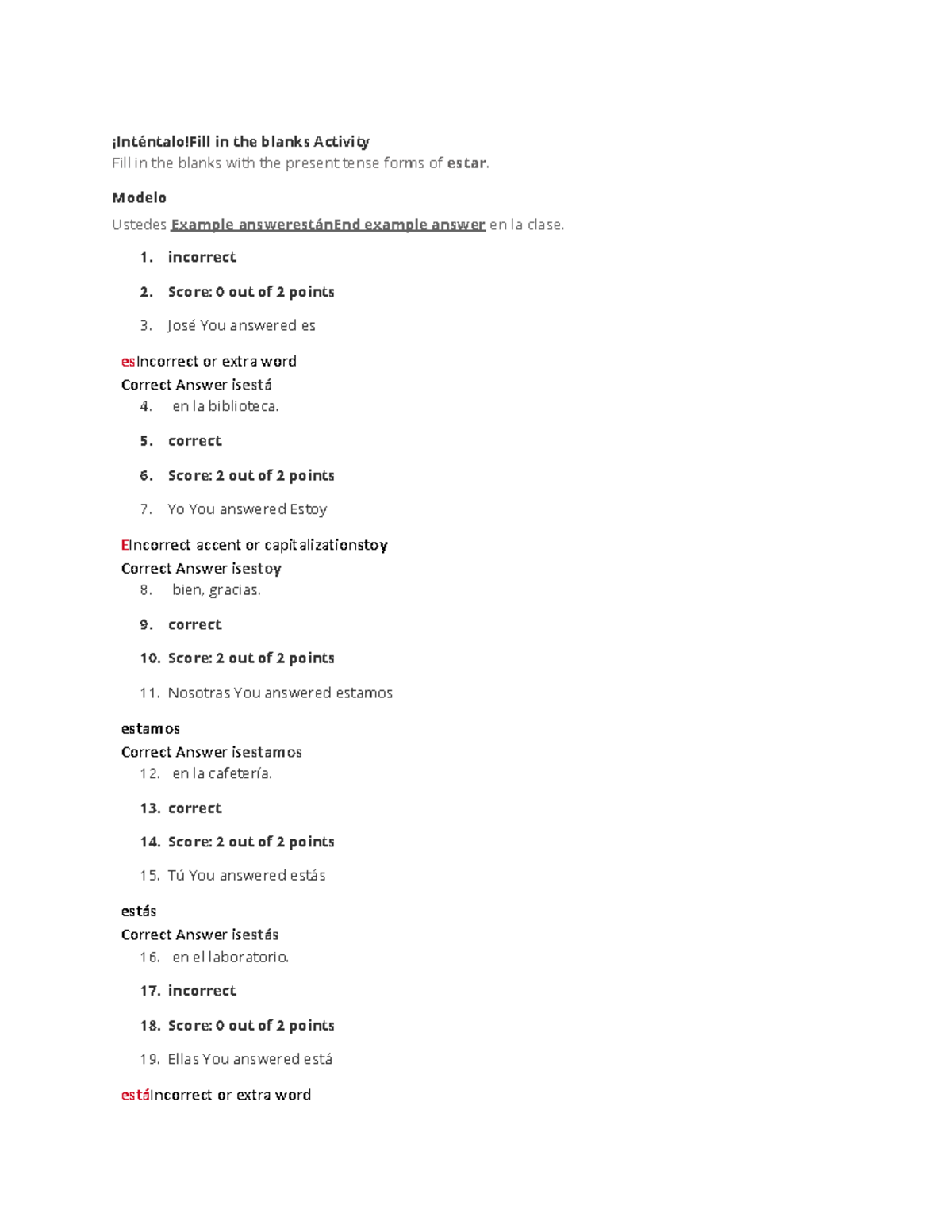 Sp 13 - Present Tense Estar Fill-in-the-Blanks Activity Notes - Studocu