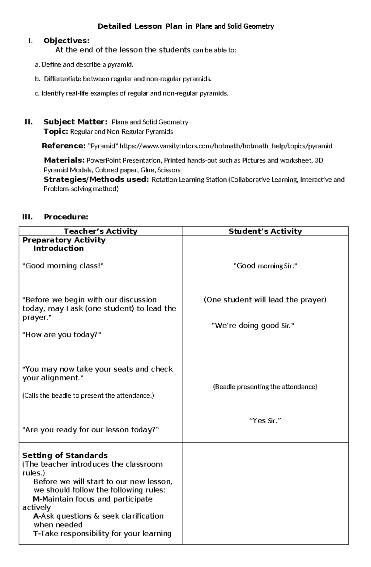 DLP: Lesson Plan on Regular and Non-Regular Pyramids in Geometry - Studocu