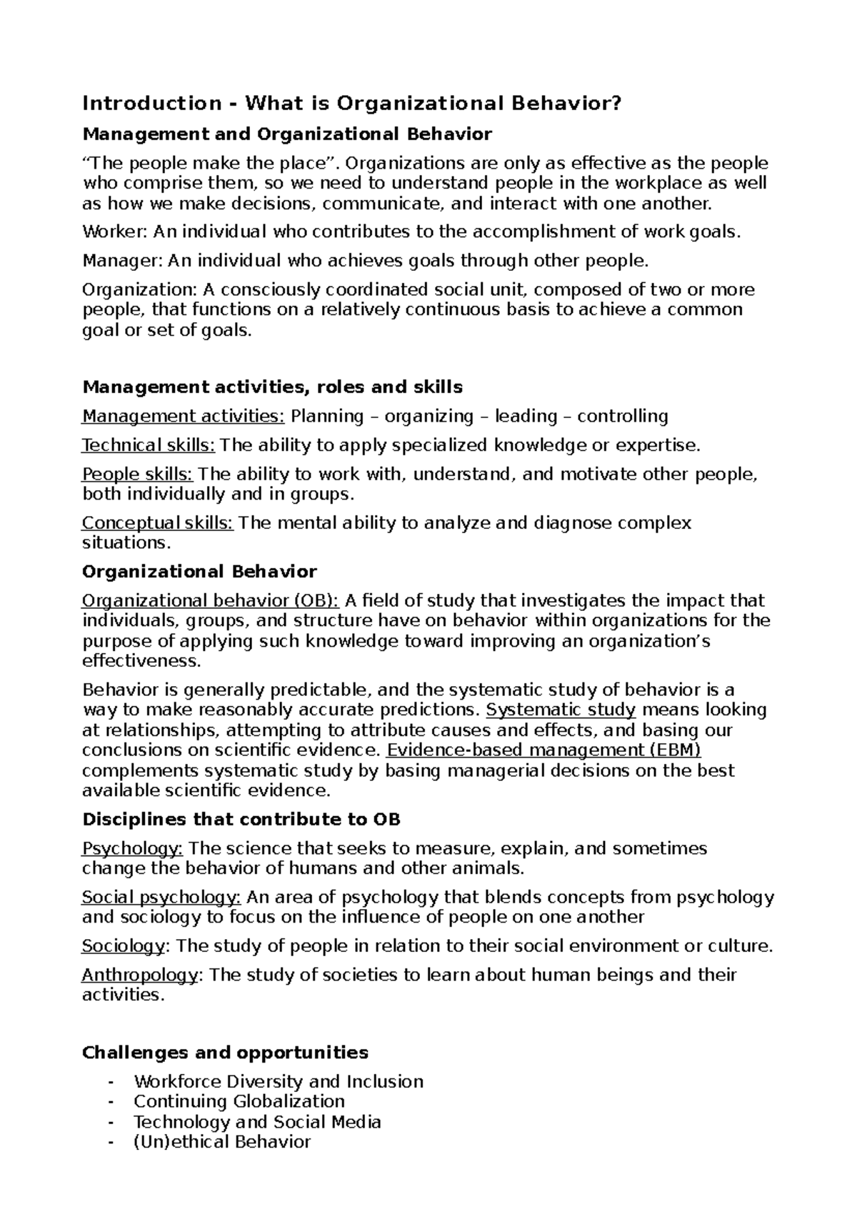 OB Chapter 1: Introduction to Organizational Behavior and Management - Studocu