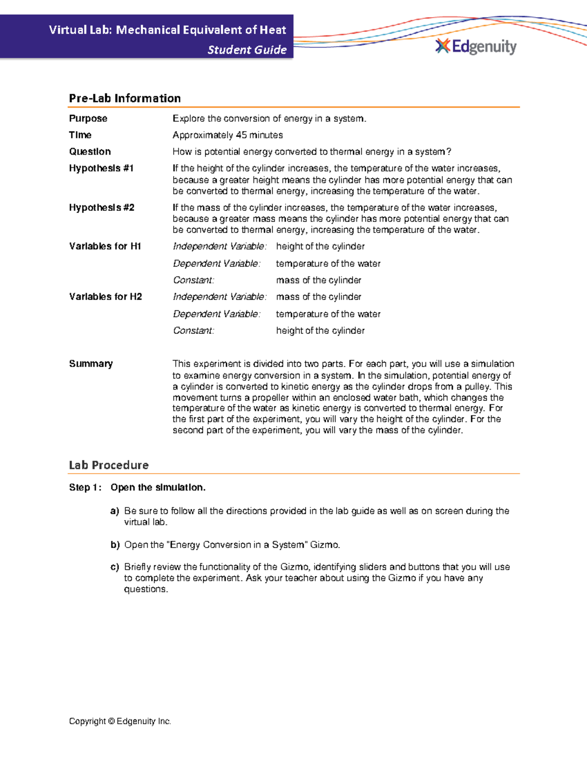 8301 06 03 Virtual Lab Guide: Mechanical Equivalent of Heat - Studocu