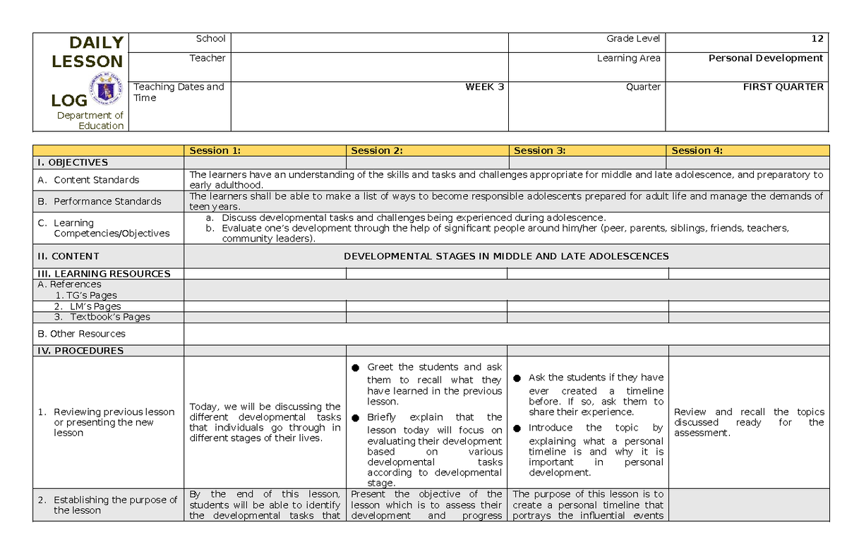 Perdev 12 Q1 WEEK 3 - Personal Development Lesson Log - Studocu
