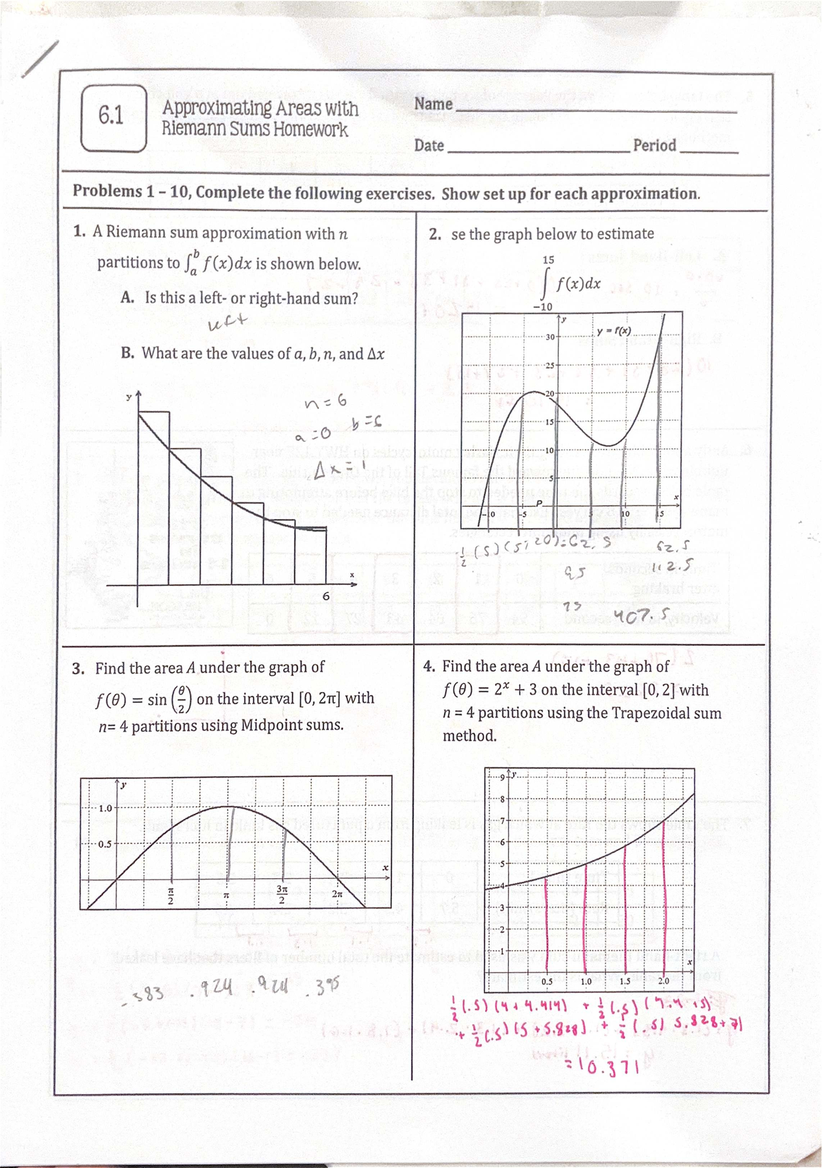 HW 6.1 Riemann Sums & Definite Integrals Homework Problems - Studocu