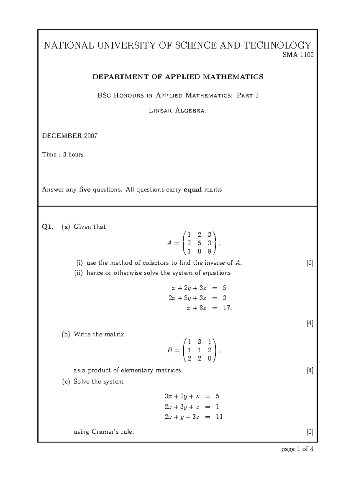 Linear Algebra Exam Paper - SMA 1102 - December 2007 - Studocu