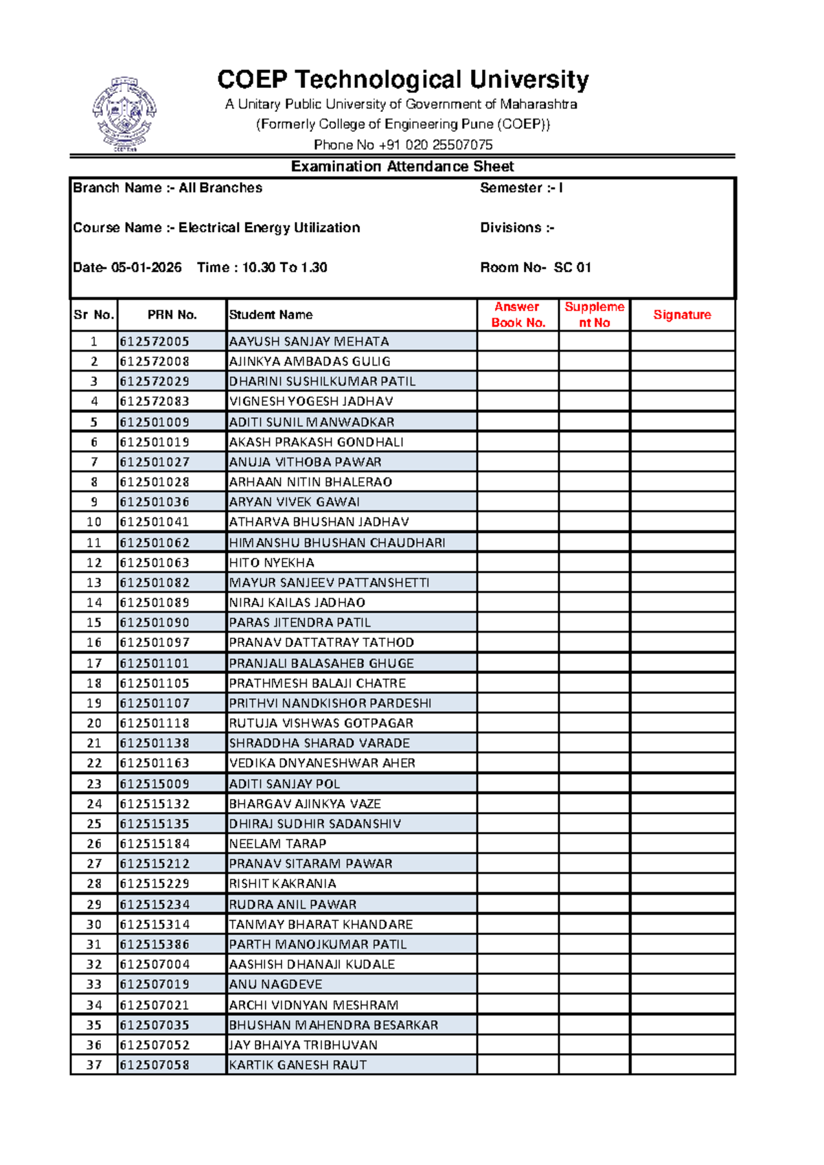 COEP EE Utilization Semester I Exam Attendance Sheet - Studocu
