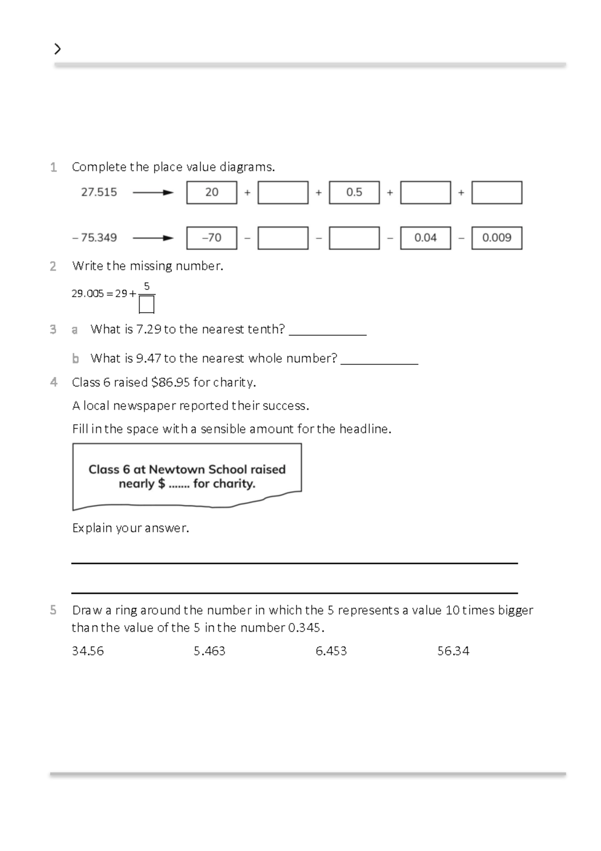 Prim maths 6 2ed tr unit 1 test - 1 Complete the place value diagrams ...