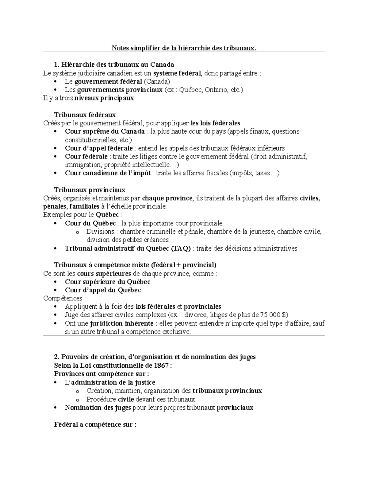 Notes sur la hiérarchie des tribunaux au Canada - Droit 101 - Studocu