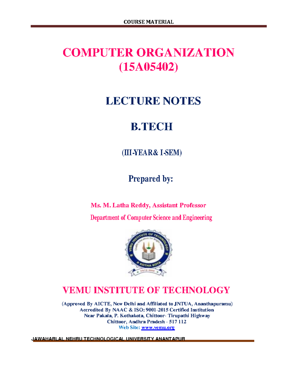 Computer Organization Lecture Notes (15A05402) - B.Tech I - Studocu