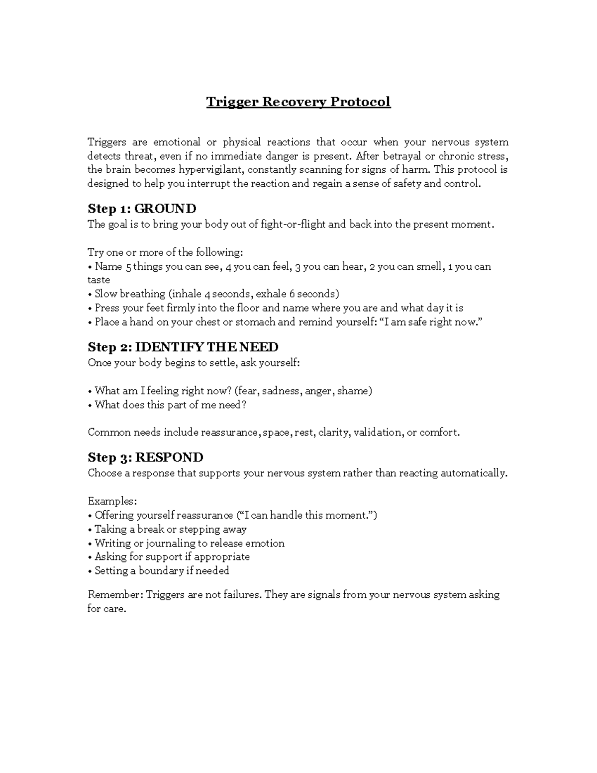 Trigger Recovery Protocol Handout: Steps to Regain Control - Studocu