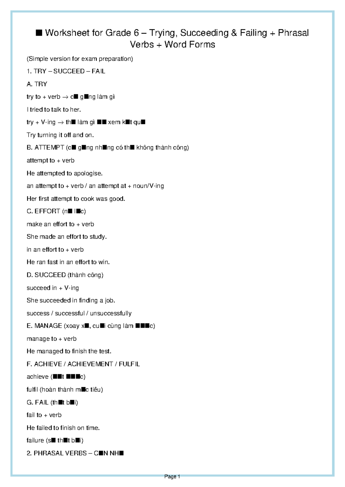 Grade 6 Worksheet: Phrasal Verbs & Word Forms for Exam Prep - Studocu