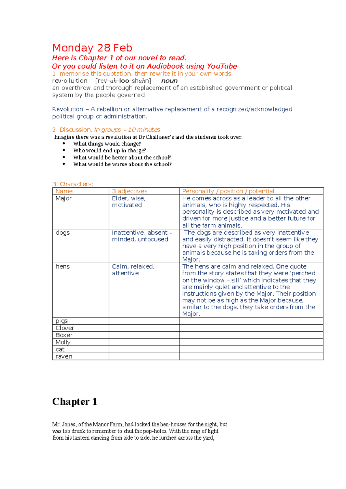 Animal Farm (ENG 101) Chapter 1 Summary and Discussion Notes - Studocu