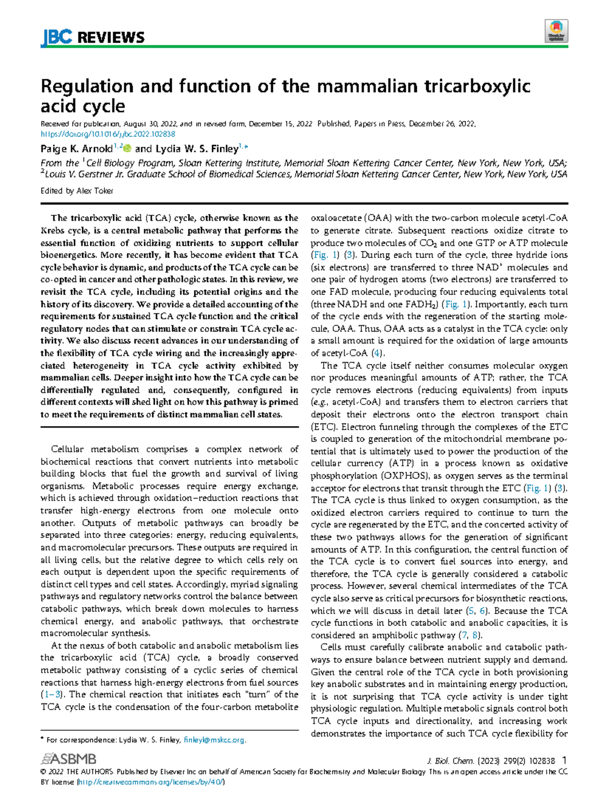 REVIEWS: Regulation and Function of the Mammalian TCA Cycle (BIO 299 ...
