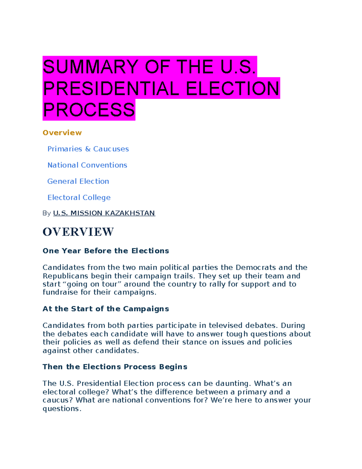 US Presidential Election Process Overview: Key Steps and Insights - Studocu