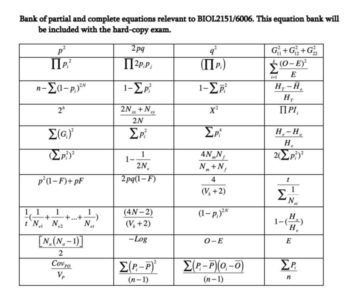 Exam Equation Bank for BIOL6724: Partial & Complete Equations - Studocu