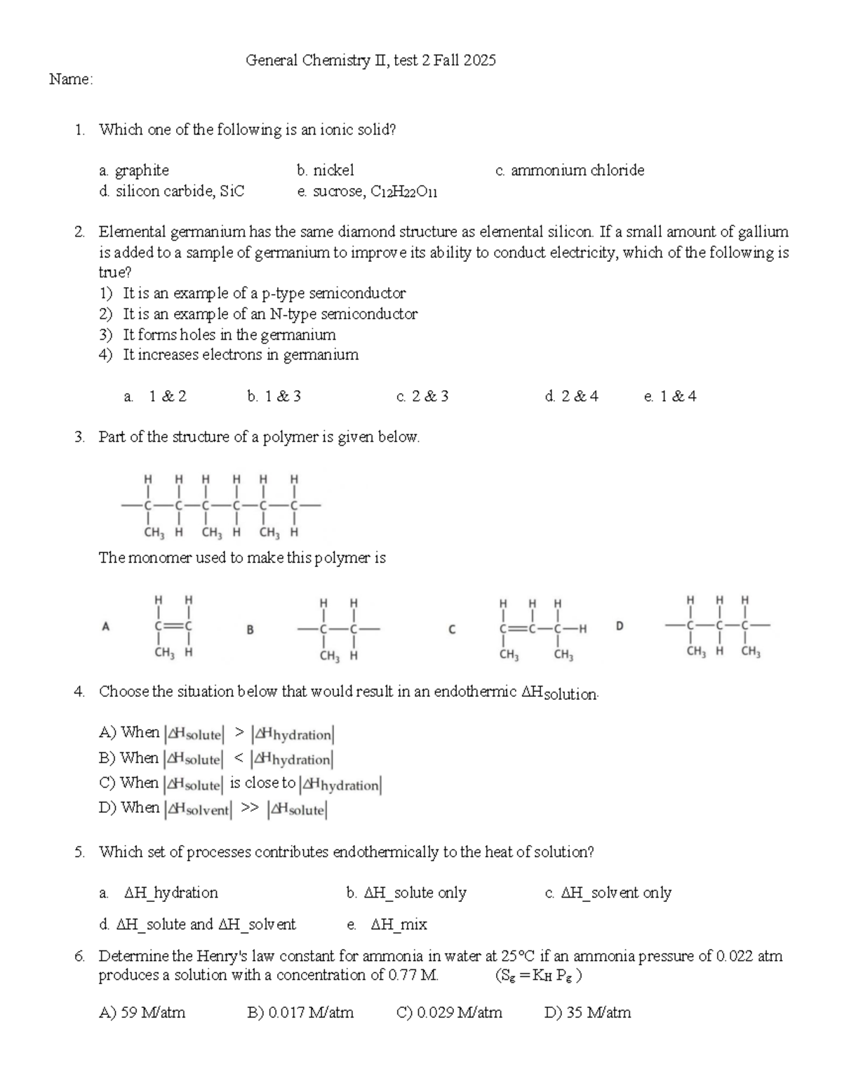 General Chemistry II (CHEM 202) Test 2 Practice - Fall 2025 - Studocu