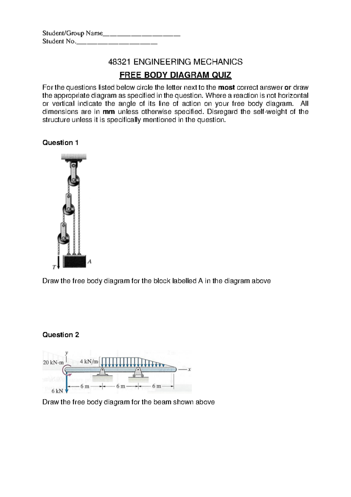Practice Quiz for Free Body Diagram - Student/Group Name ...