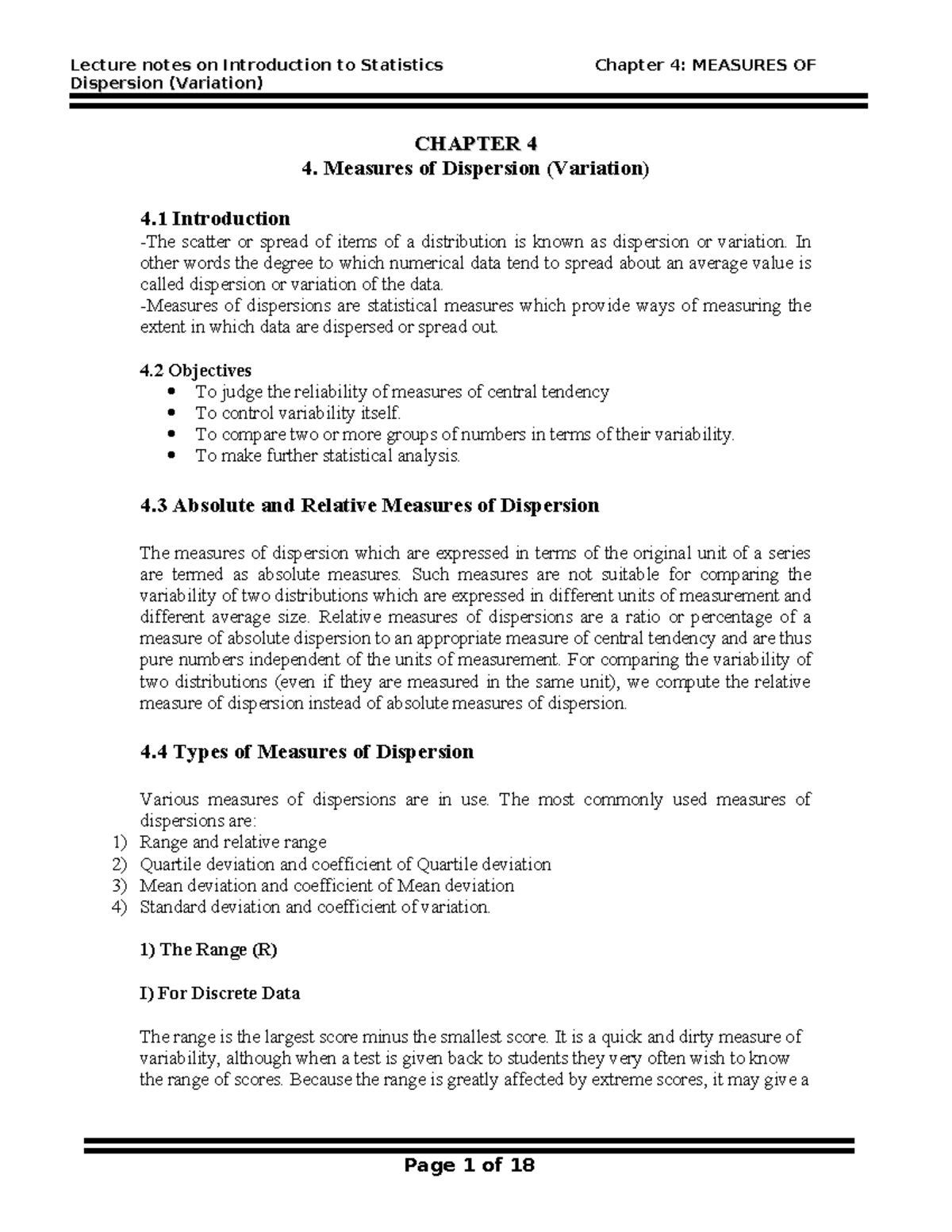 Lecture Notes: Chapter 4 - Measures of Dispersion (Variation) in ...