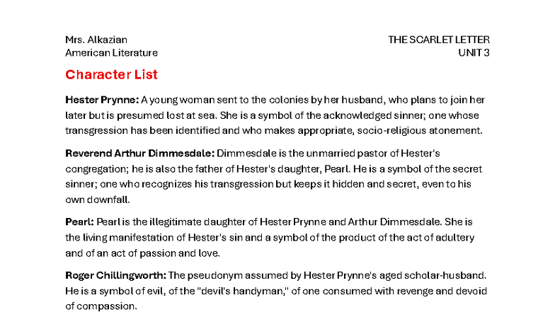 American Literature: The Scarlet Letter Unit 3 Character & Book Summary ...