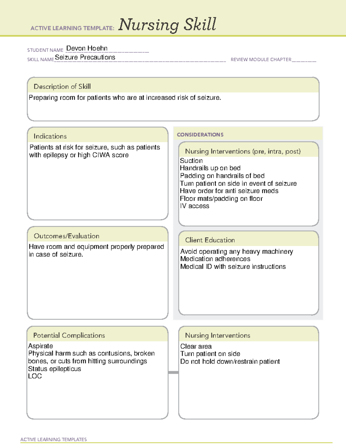 ACTIVE LEARNING TEMPLATE: Nursing Skill - Seizure Precautions - Studocu