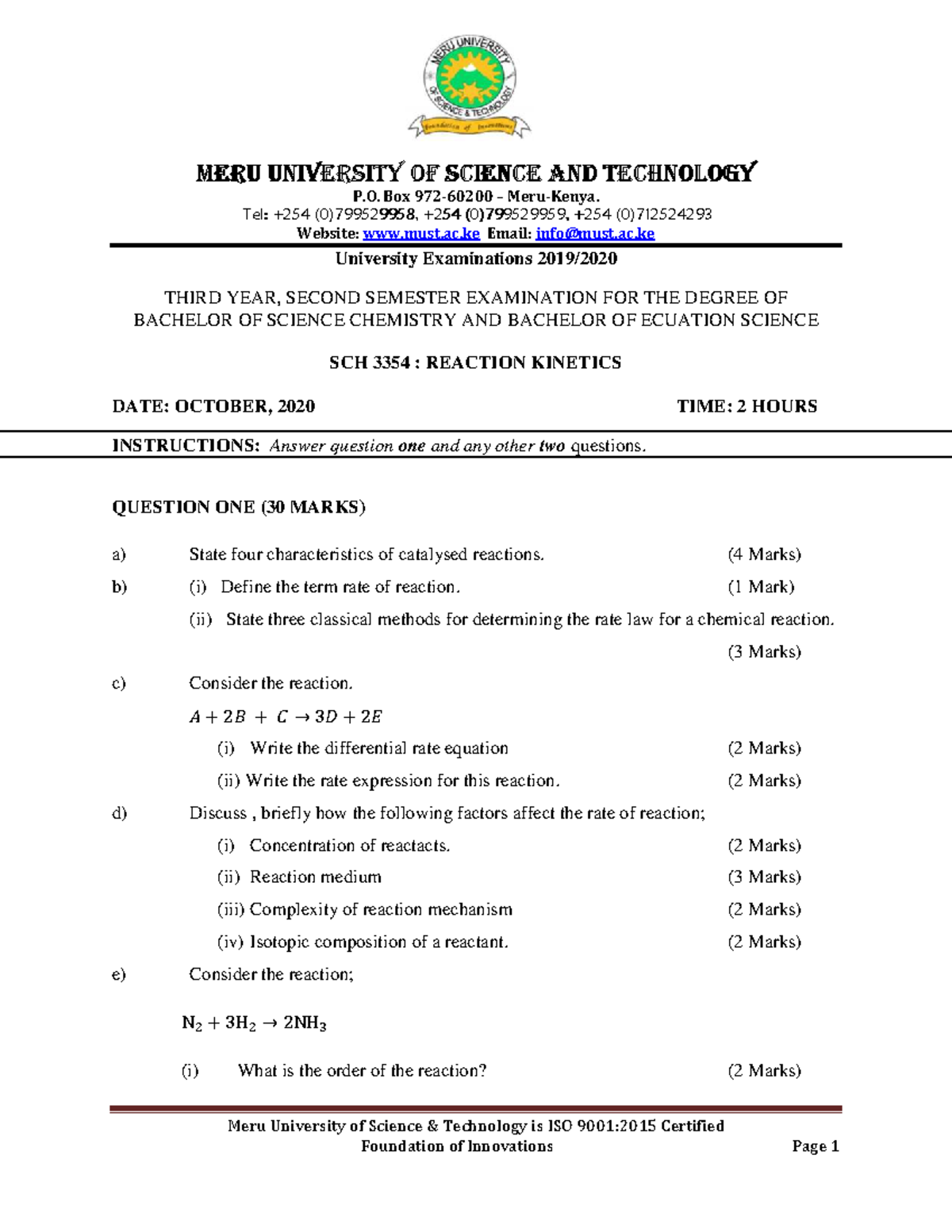 SCH 3354: Reaction Kinetics - 3rd Year Exam Notes - Studocu