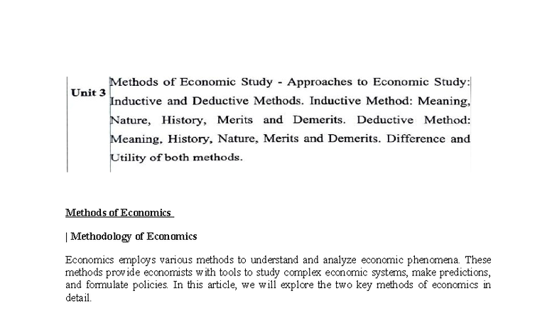 Unit 3: Methods of Economics - Deductive & Inductive Approaches - Studocu