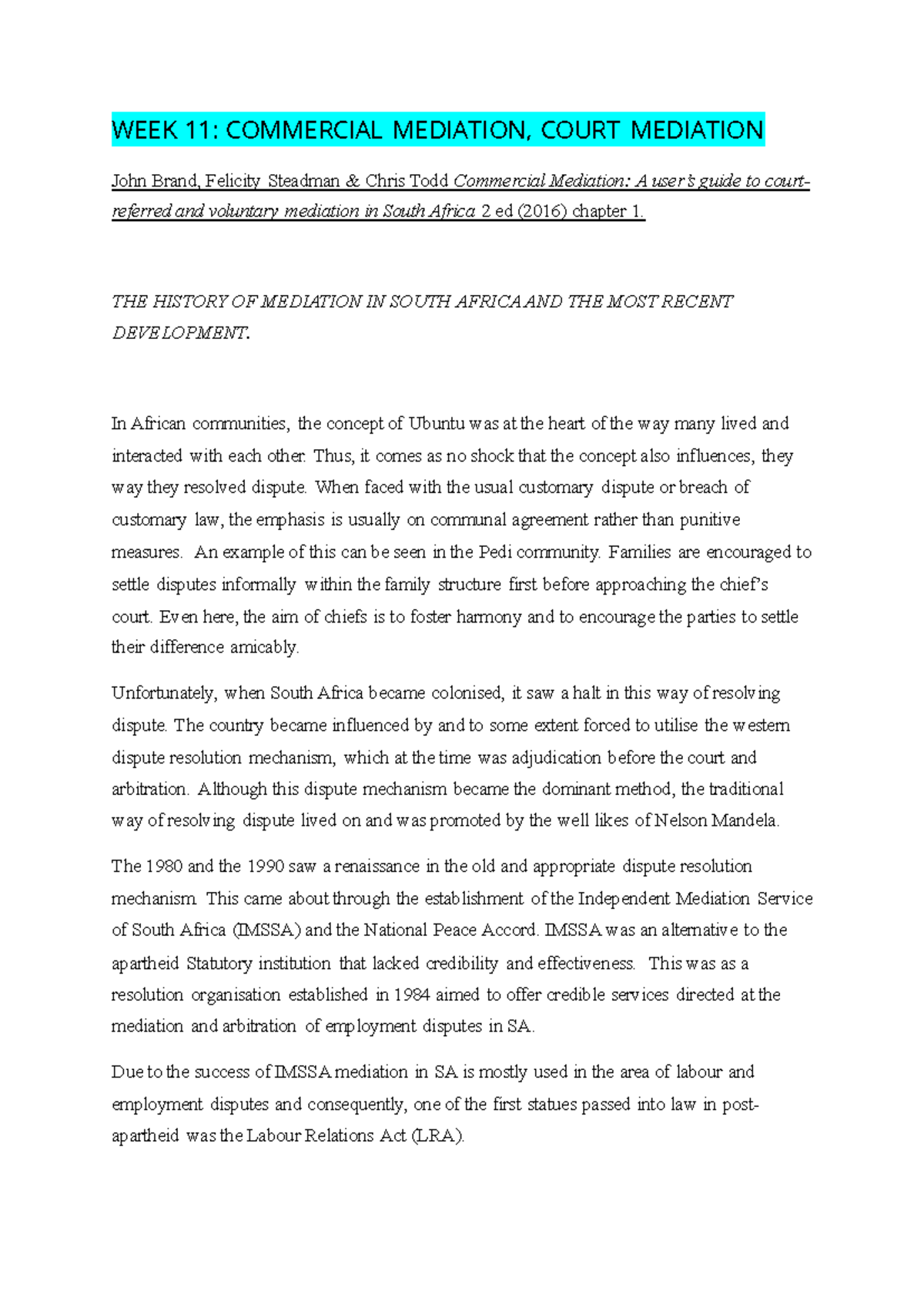 WEEK 11-12 Mediation - Notes - WEEK 11: COMMERCIAL MEDIATION, COURT ...